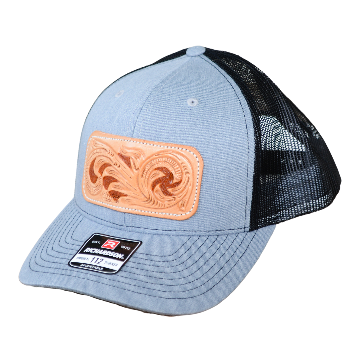 McIntire Saddlery Heather Grey and Black Leather Tooled Patch Cap — AJ Tack