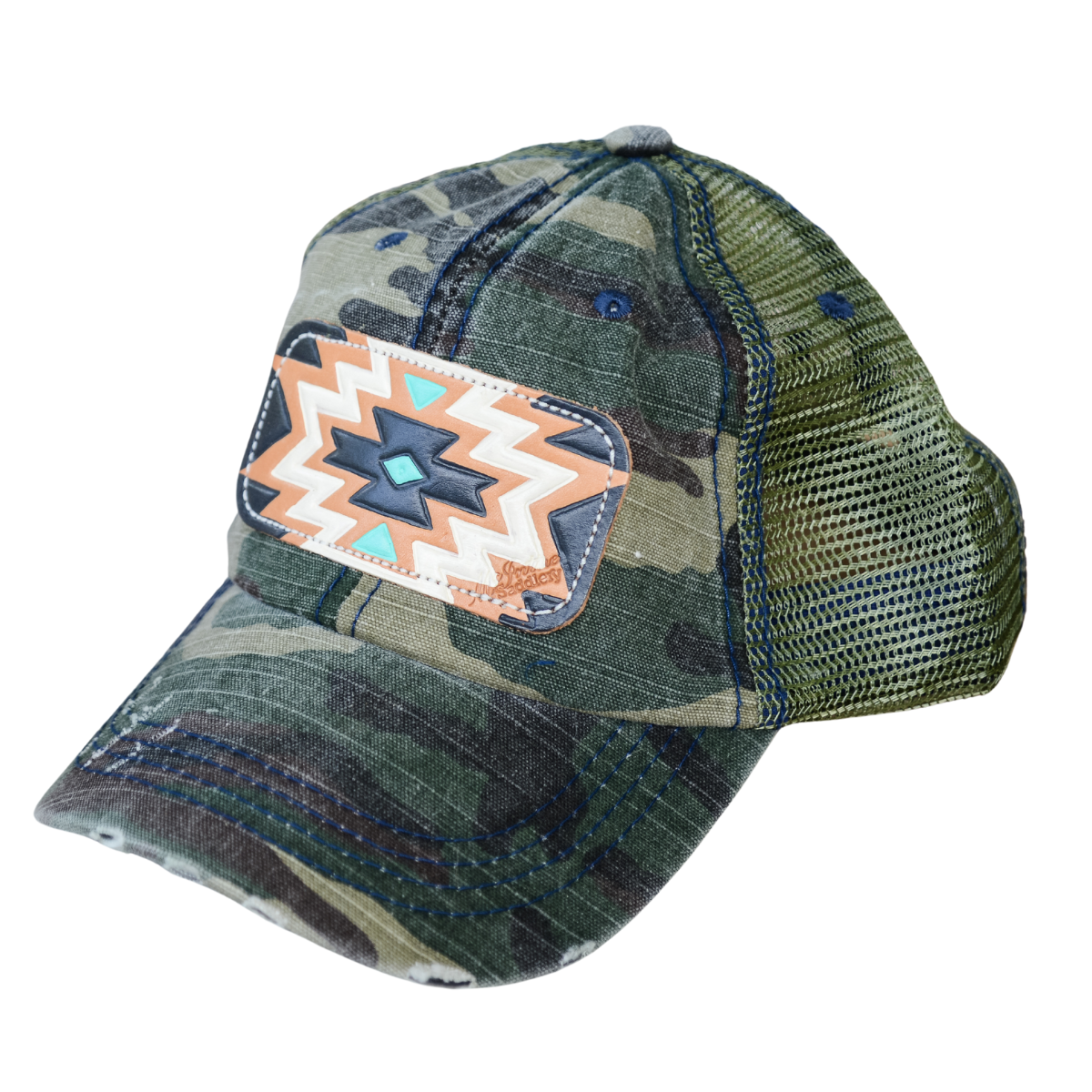McIntire Saddlery Camo Ponytail Cap with Aztec Leather Tooled Patch ...